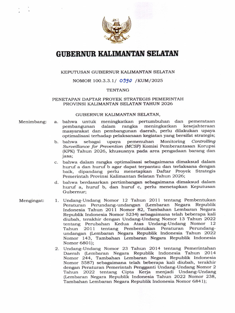 SK Proyek Strategis Pemprov Kalsel Tahun 2026 | PDF