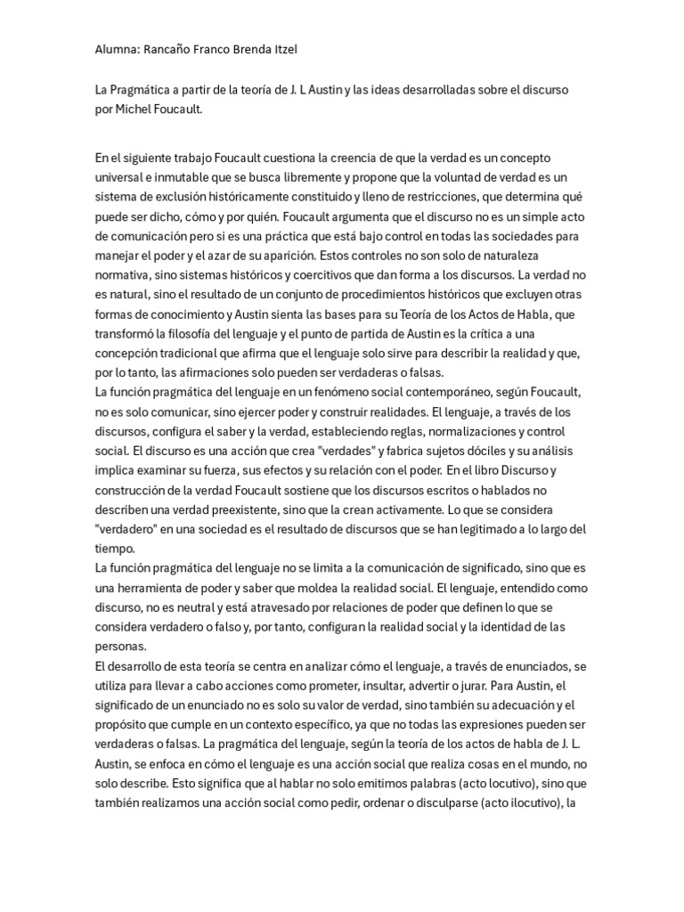 Ensayo Foucault y Austin | PDF | Verdad | Discurso
