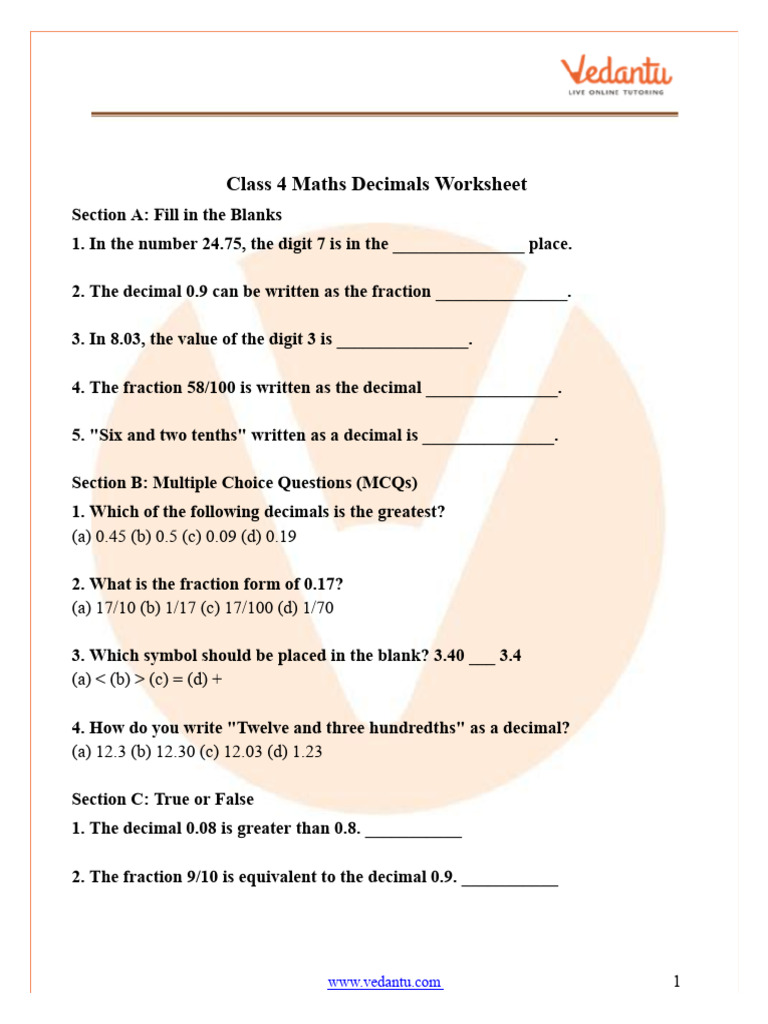 Class 4 Maths Decimals Worksheet PDF - Practice With Answers | PDF ...
