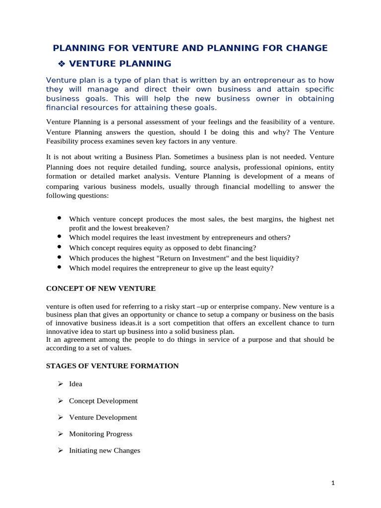 Planning New Venture and For Change | PDF | Corporate Finance | Venture ...