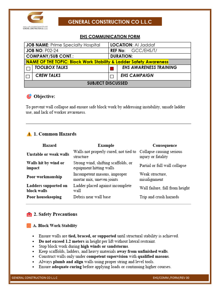 Block Work Stability & Ladder Safety Awareness | PDF | Occupational ...