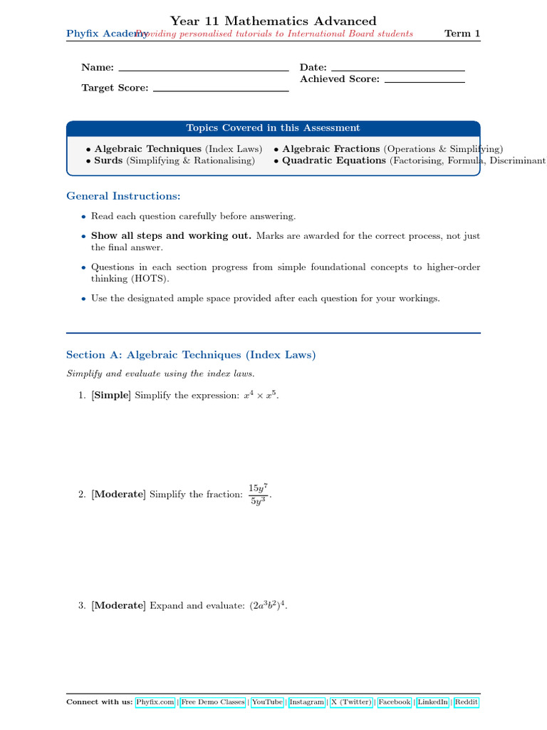 Algebraic Techniques (Index Laws) • Algebraic Fractions (Operations ...