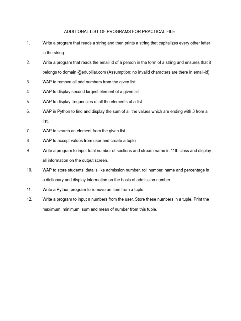 Additional List of Programs For Practical File | PDF