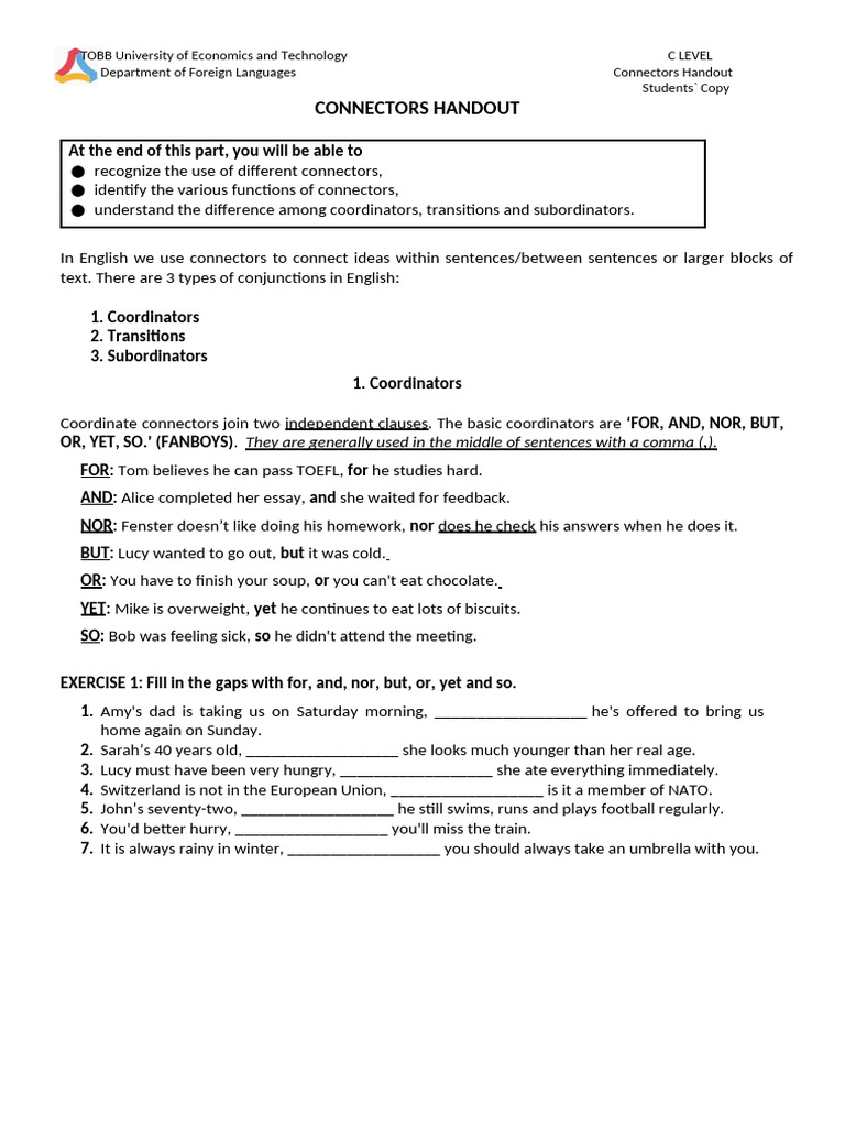 Connectors Handout - SC 3 | PDF | Linguistics | Language Mechanics