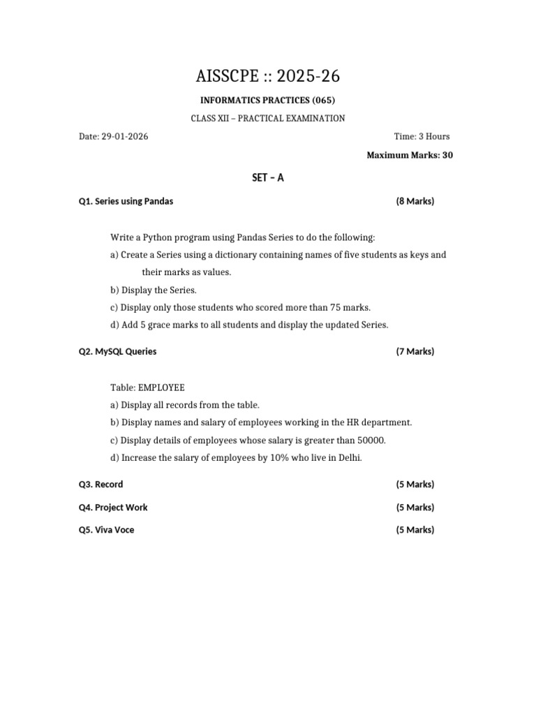 Class XII IP Practical Question Paper Set A and B | PDF | Data ...
