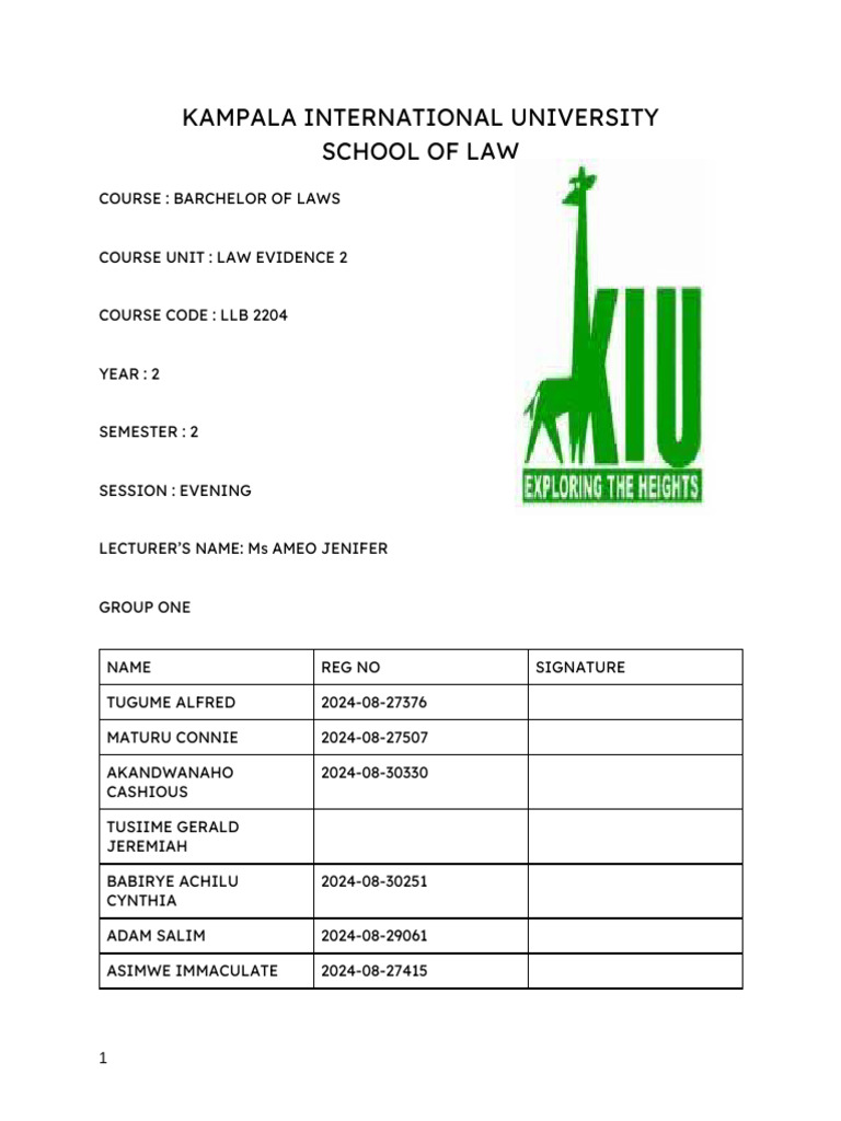Group One Evidence Law Course Work | PDF