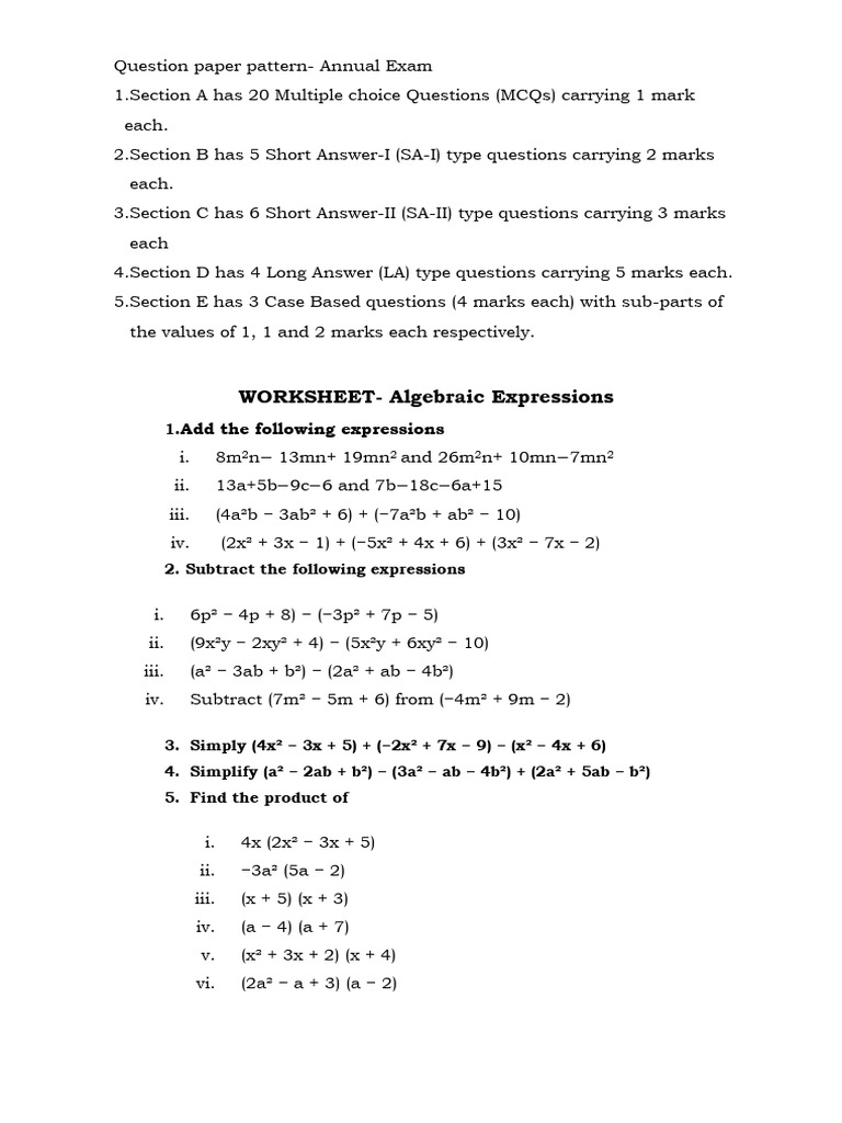 Worksheet - Algebraic Expressions 20260131 155901 | PDF