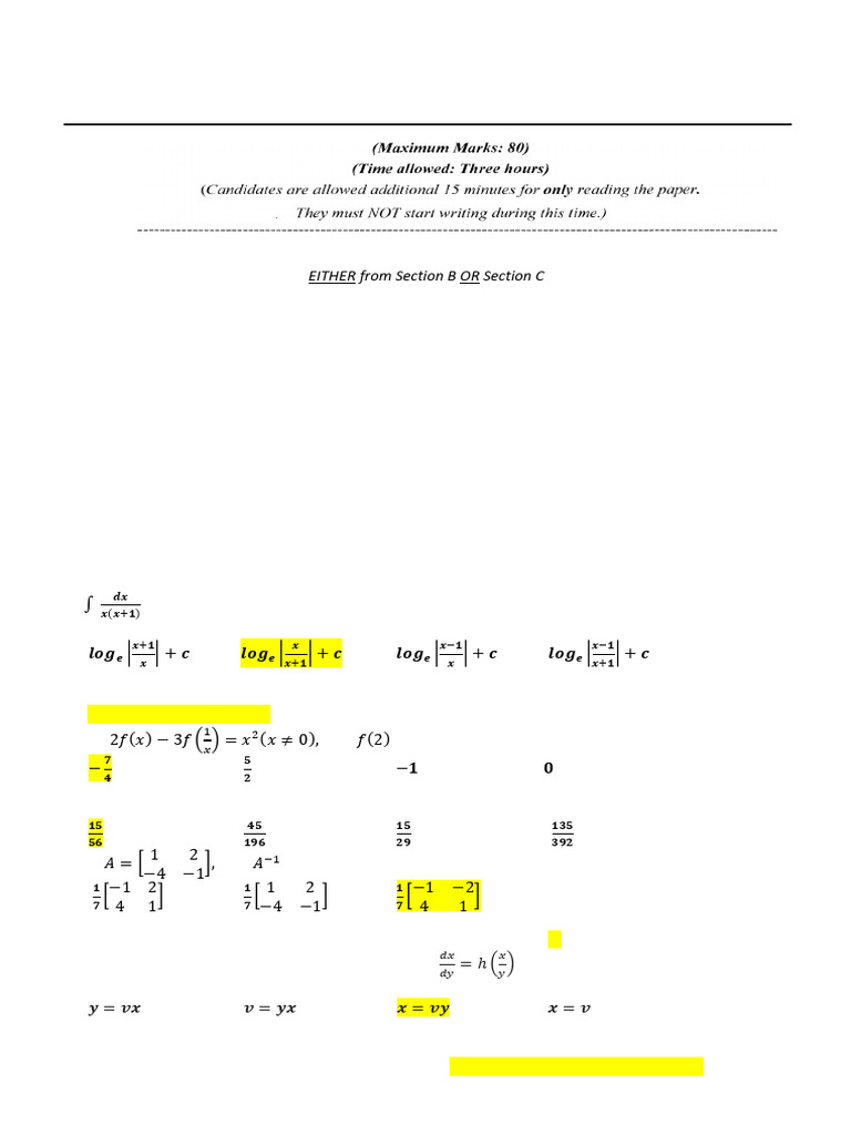 Class-XII Mathematics Selection Answer Key (2025-26) | PDF ...