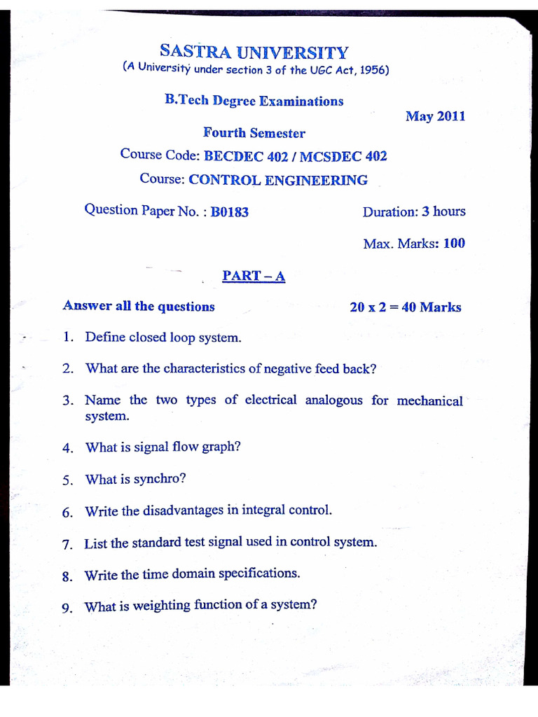Control Systems Engineering University Exam Question Papers | PDF