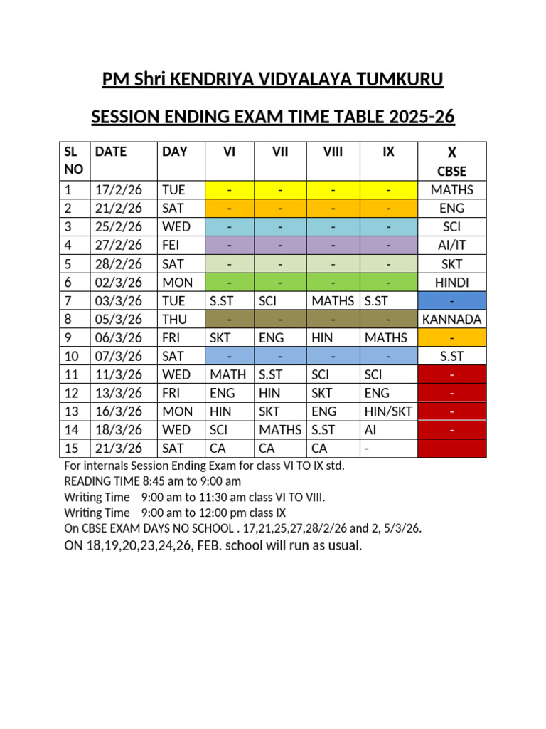 Session Ending Exam Timetable | PDF