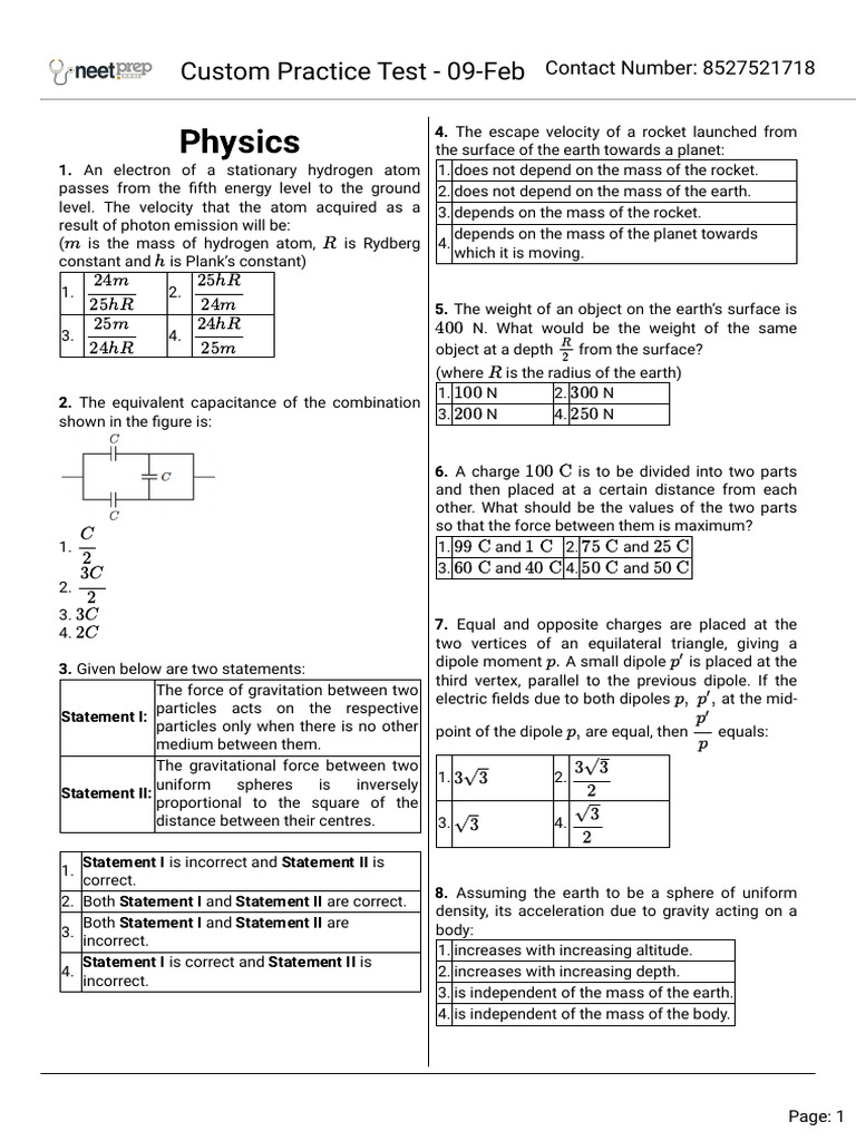 Custom Practice Test 09 Feb | PDF | Electron | Sun