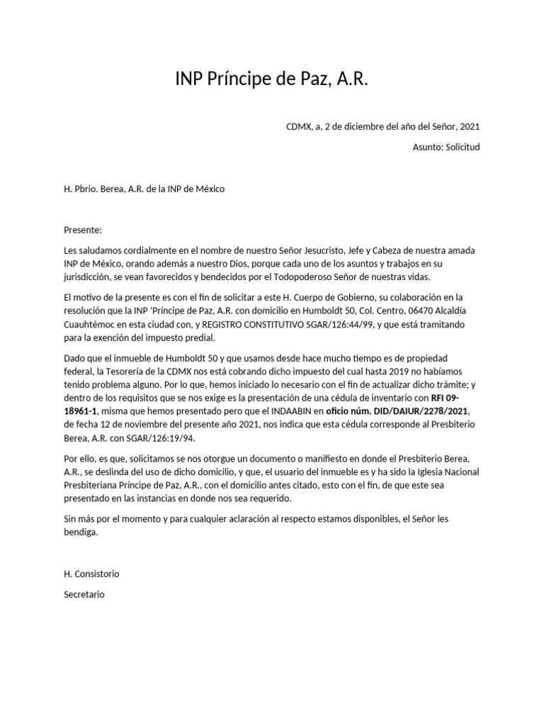 Solicitud Berea (INP Príncipe de Paz) | PDF