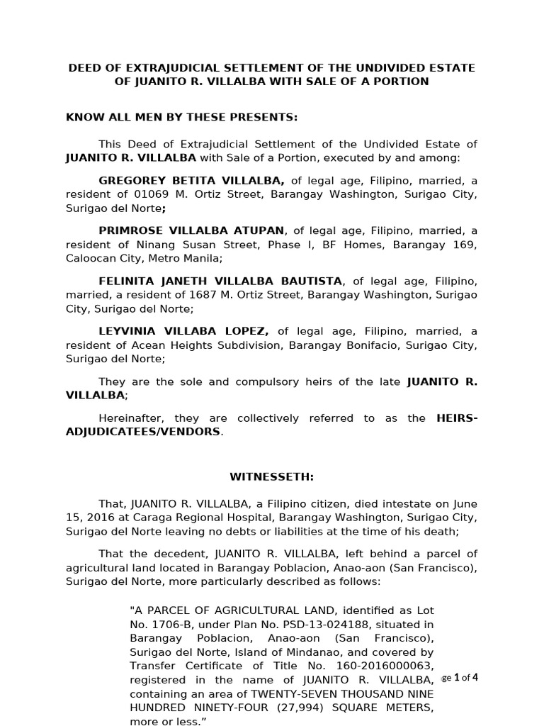 Deed of Extrajudicial Settlement of Undivided Estate of Juanito Villaba ...