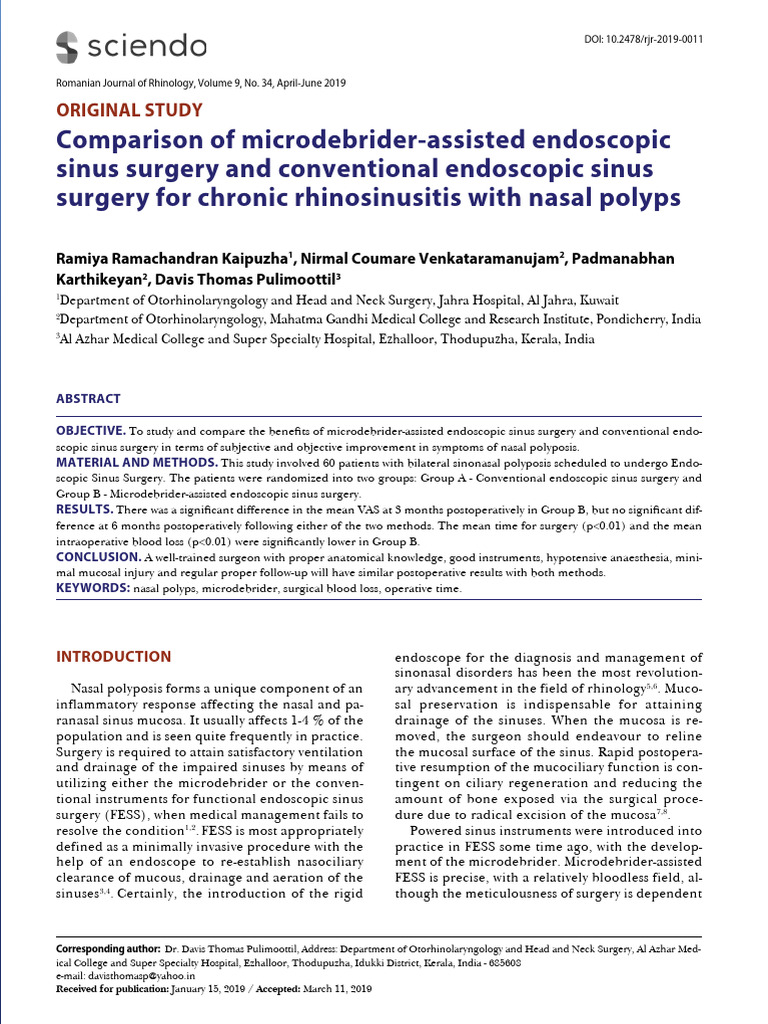 Comparison of Microdebrider-Assisted Endoscopic Sinus Surgery and ...