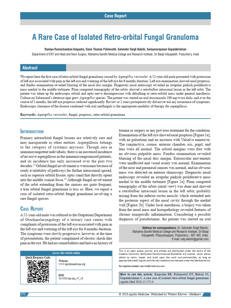 A Rare Case of Isolated Retro‑orbital Fungal Granuloma | PDF | Diseases ...