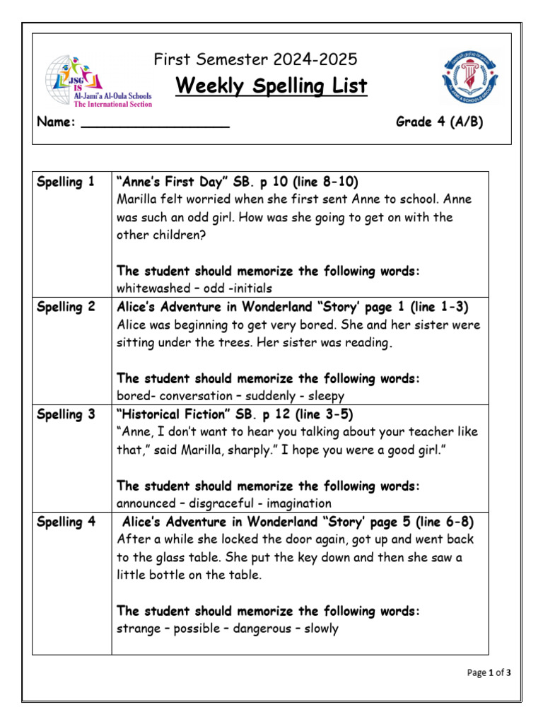 Weekly Spelling List Grade 4 first semester | PDF