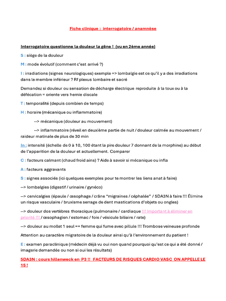 Fiche anamnèse interrogatoire | PDF