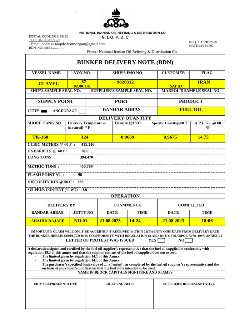 BDN (Bunker Delivery Note) New | PDF | Fuel Oil | Petroleum