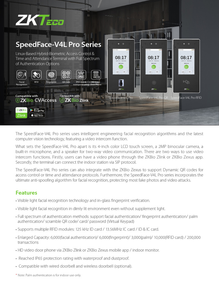 SpeedFace-V4L Pro Datasheet 20260210 | PDF | Authentication | Wi Fi