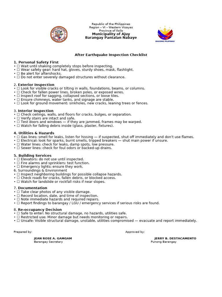 After Earthquake Inspection Checklist | PDF