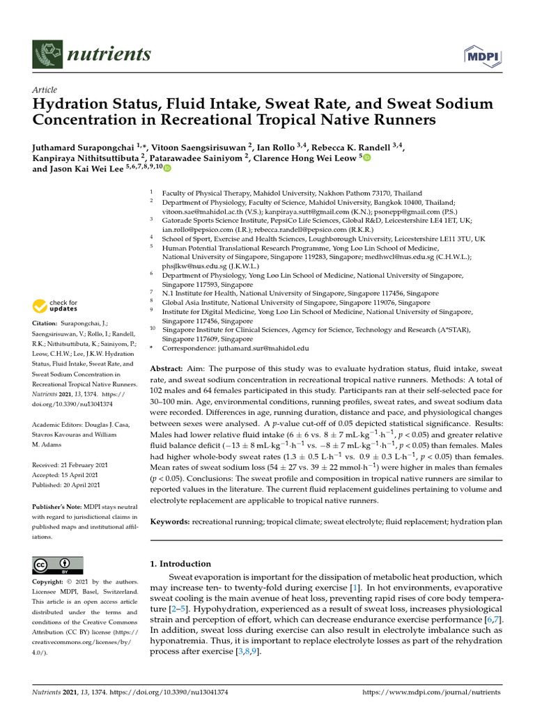 Hydration Status, Fluid Intake, Sweat Rate, and Sweat Sodium | PDF ...