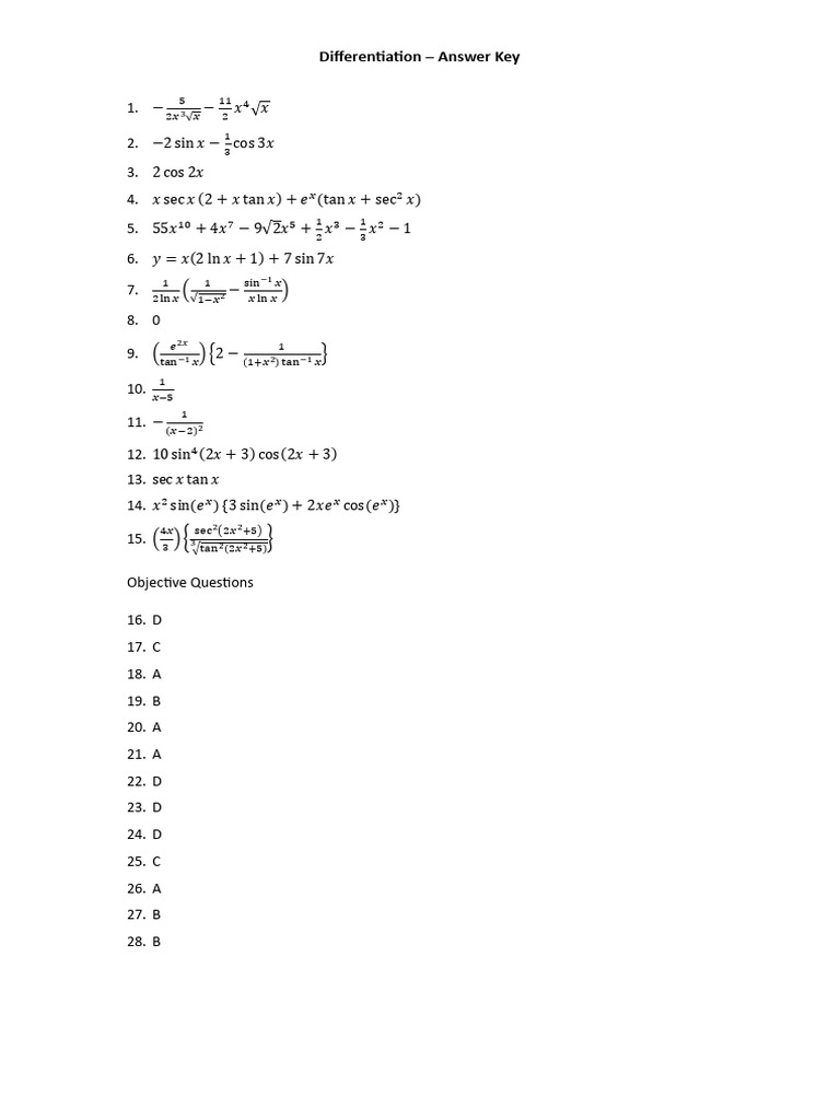 Differentiation - Answer Key | PDF