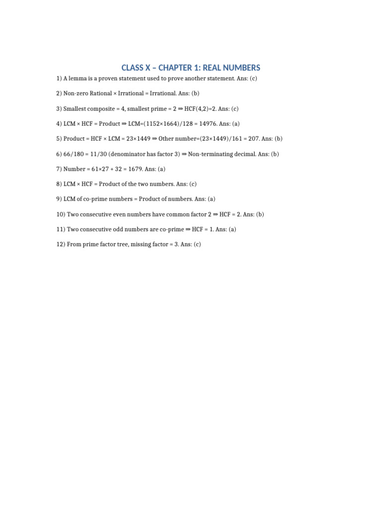 Class 10 Real Numbers MCQs One Page Solutions Final | PDF