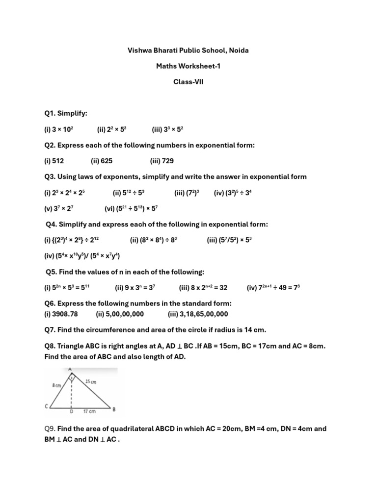 90 Maths Worksheet 1 Class-7 | PDF