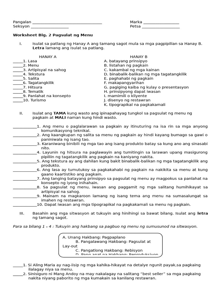 Worksheet 2 Pagsulat NG Menu | PDF