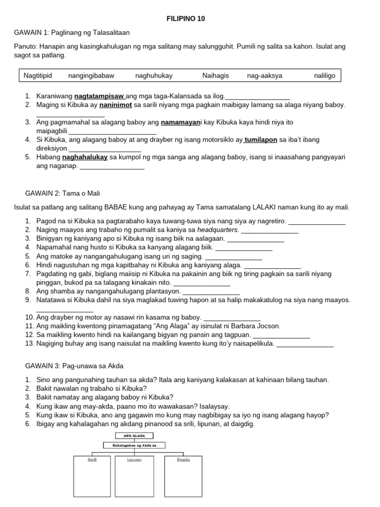 Filpino 10 Activity MAaikling Kwento ANG ALAGA | PDF