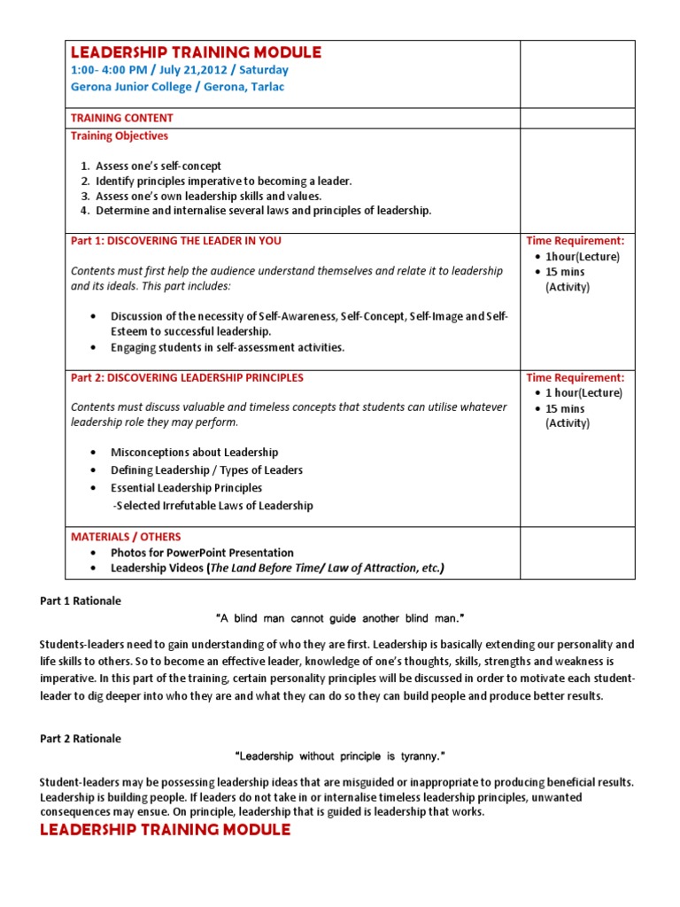 Leadership Training Module | PDF | Self Esteem | Self Awareness