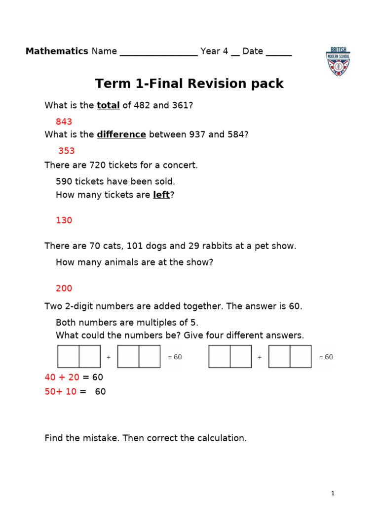 Y4_T1_Final Revision Worksheet-answer key^.^.^ | PDF | Elementary ...