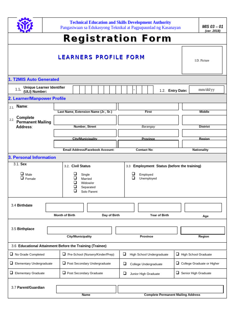 Registration Form MIS 03 01 for T2MIS Ver.5!3!02 18 | PDF | Disability