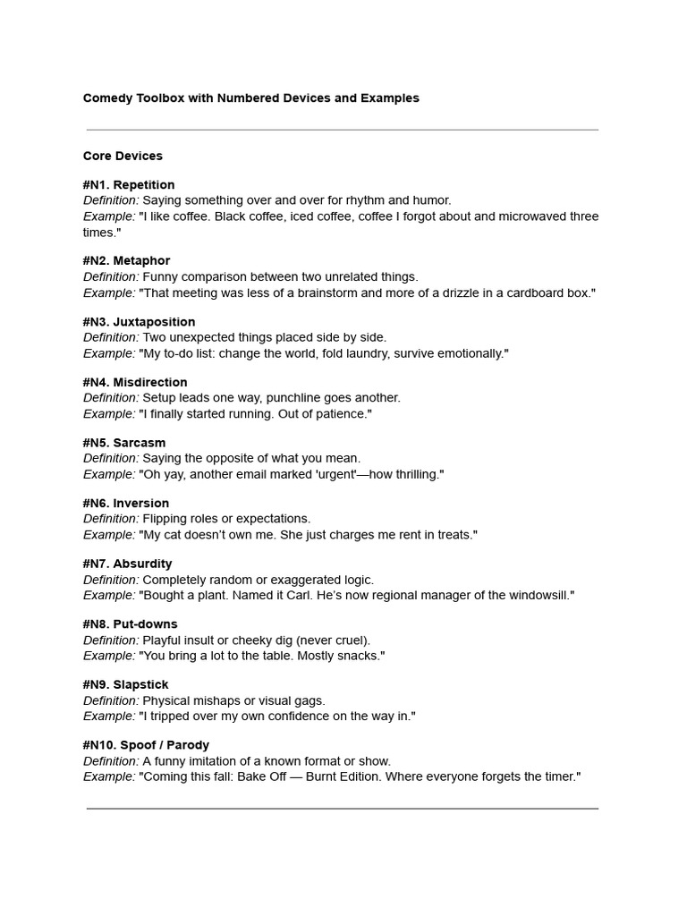 Comedy Toolbox With Numbered Devices and Examples | PDF