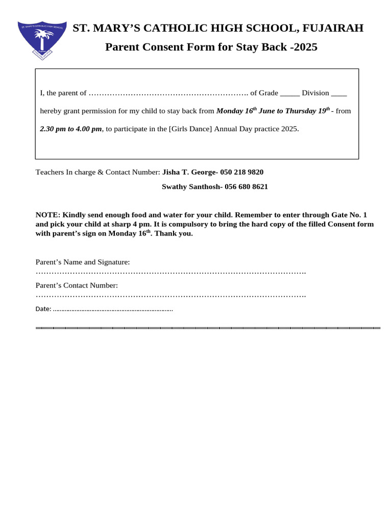 Annual Day Stay Back Form - 2025 | PDF