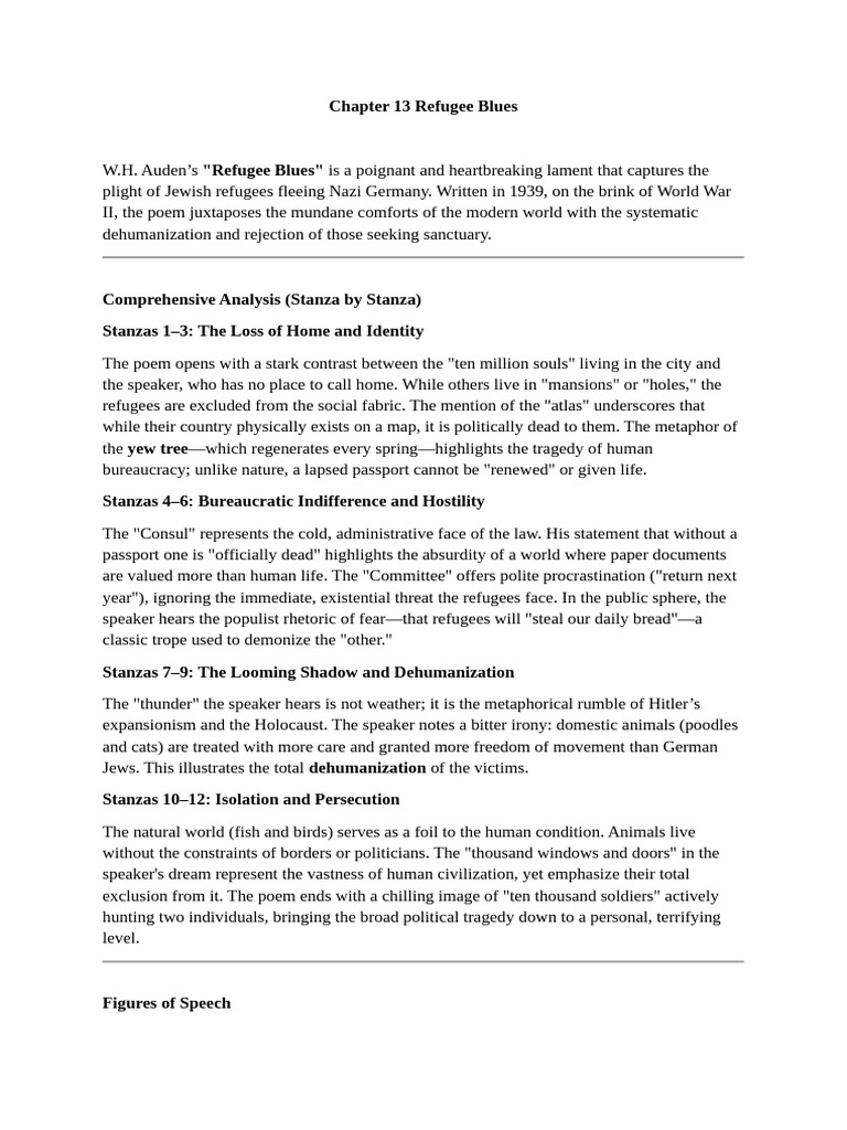 Grade 7 Chapter 13 Refugee Blues Extra Notes | PDF | Refugee | Poetry