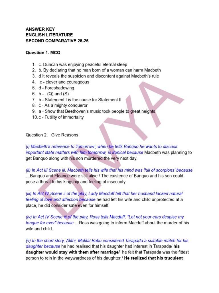 Answer Key II Comp Lit 25 - 26 | PDF | Macbeth
