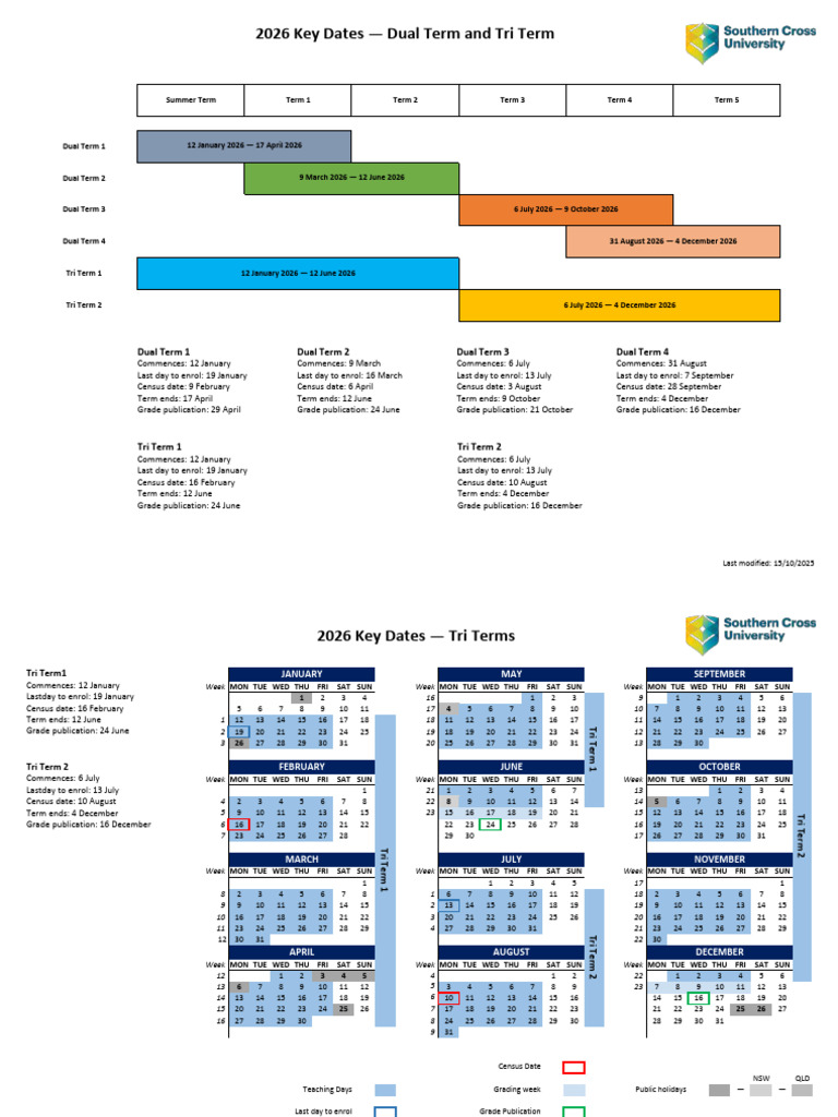 SCU 2026 Teaching Dates Dual Term and Tri Term | PDF