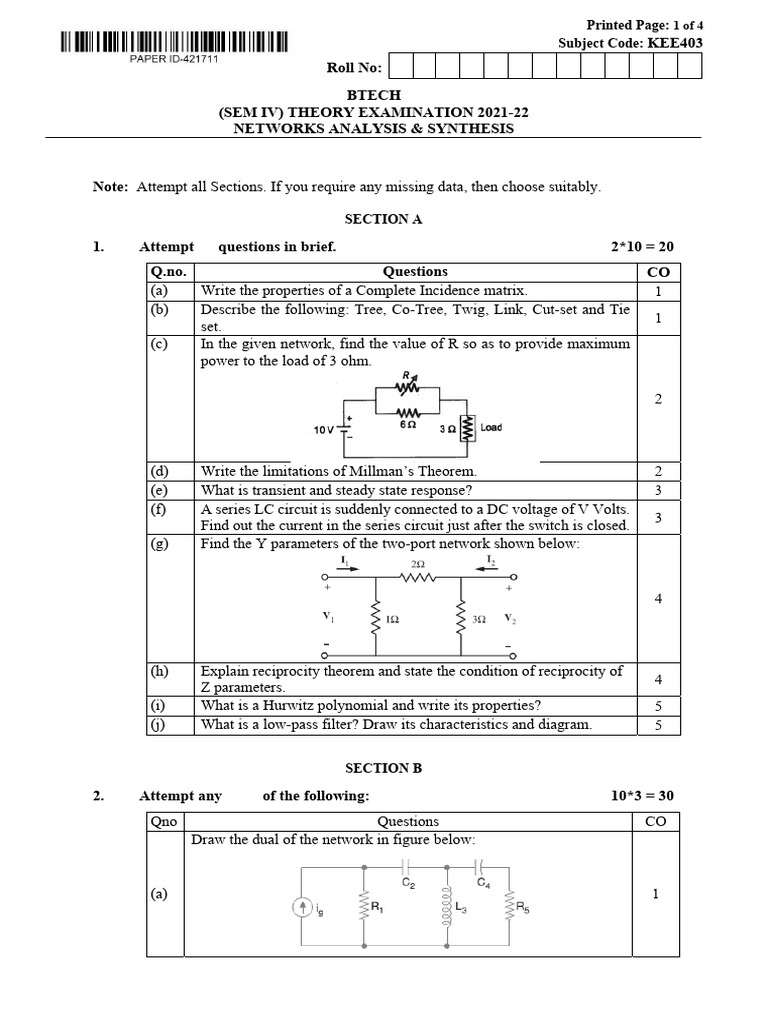 Networks Analysis Synthesis Kee403 | PDF | Network Analysis (Electrical ...