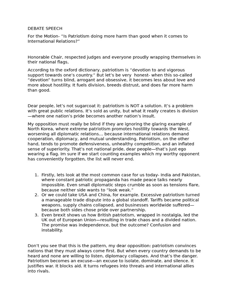 Debate Speech | PDF | Patriotism | Global Politics