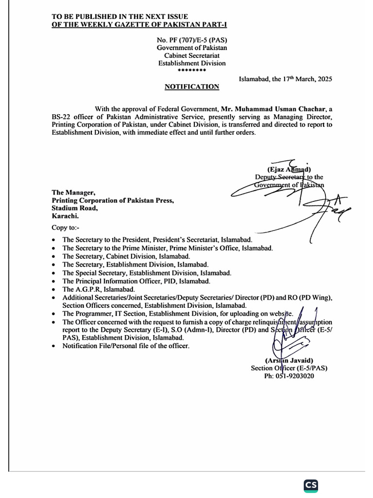 Muhammad Usman Chachar Report to Estab Division | PDF