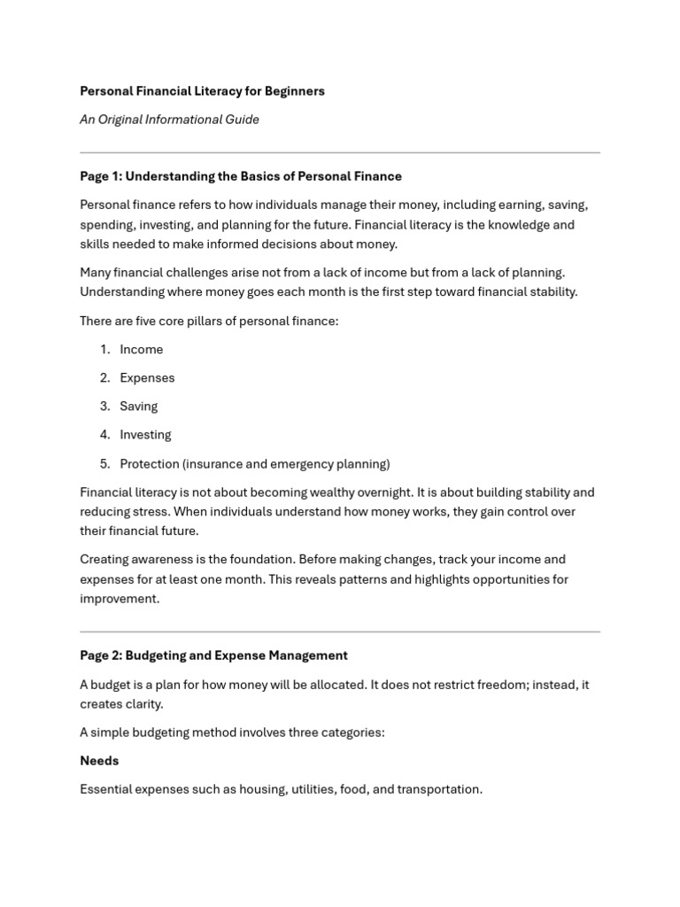 Personal Financial Literacy for Beginners DMCA Compliant | PDF ...