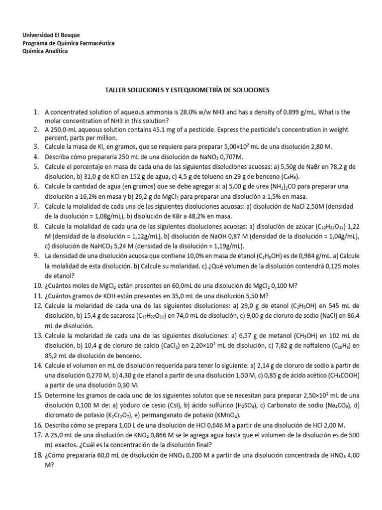 Taller - Soluciones y Estequiometría de Soluciones | PDF ...