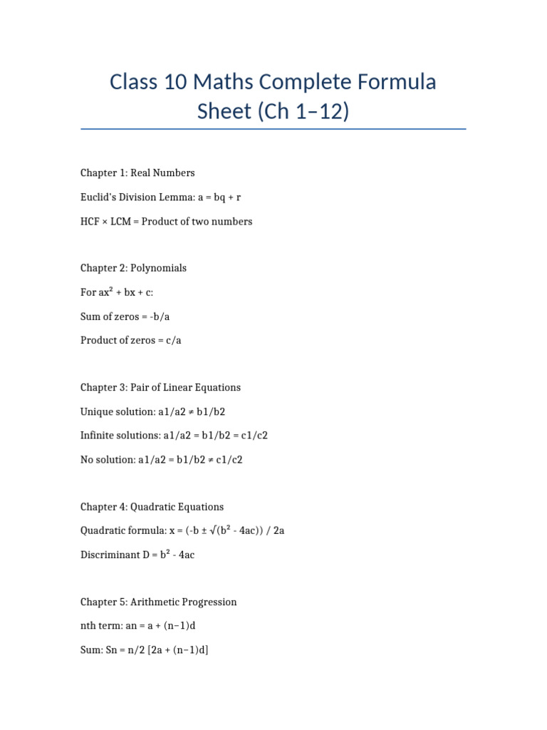 Class 10 Maths Formula Sheet | PDF