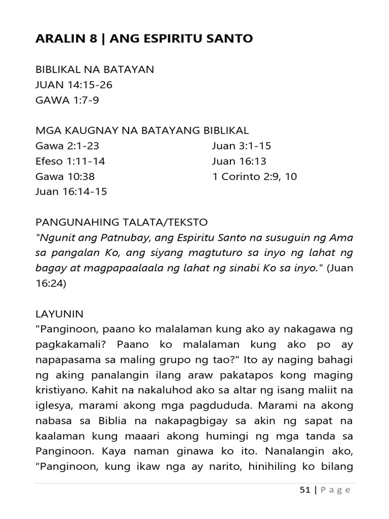 Sol 1 Manual - Pundasyon (Tagalog) - Aralin 8 and Espiritu Santo | PDF