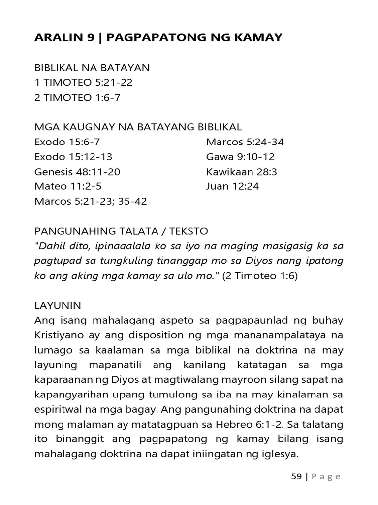 Sol 1 Manual - Pundasyon (Tagalog)_aralin 9 Pagpapatong Ng Kamay | PDF