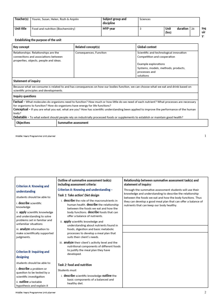Sciences MYP3 Unit plan 3 - Mr. Younis 2020-2021 | PDF | Nutrients ...