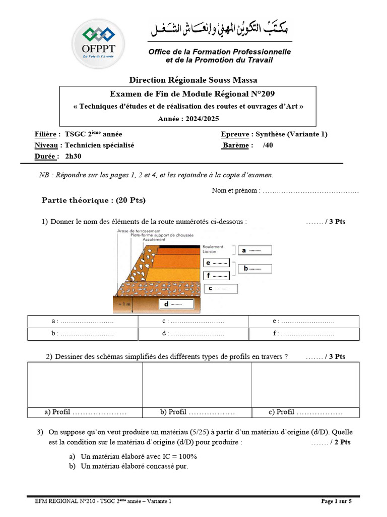 EFM209 TSGC 2 - (24-25) - (Techniques ROUTES) - V1 - Enoncé | PDF