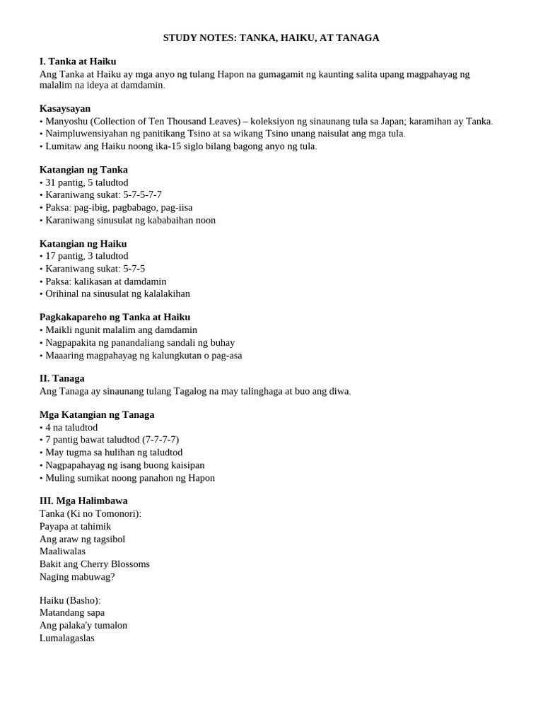 Study Notes Tanka Haiku Tanaga One Page A4 | PDF