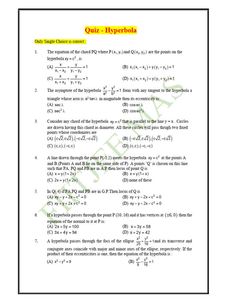 Quiz Hyperbola | PDF | Ellipse | Elementary Geometry